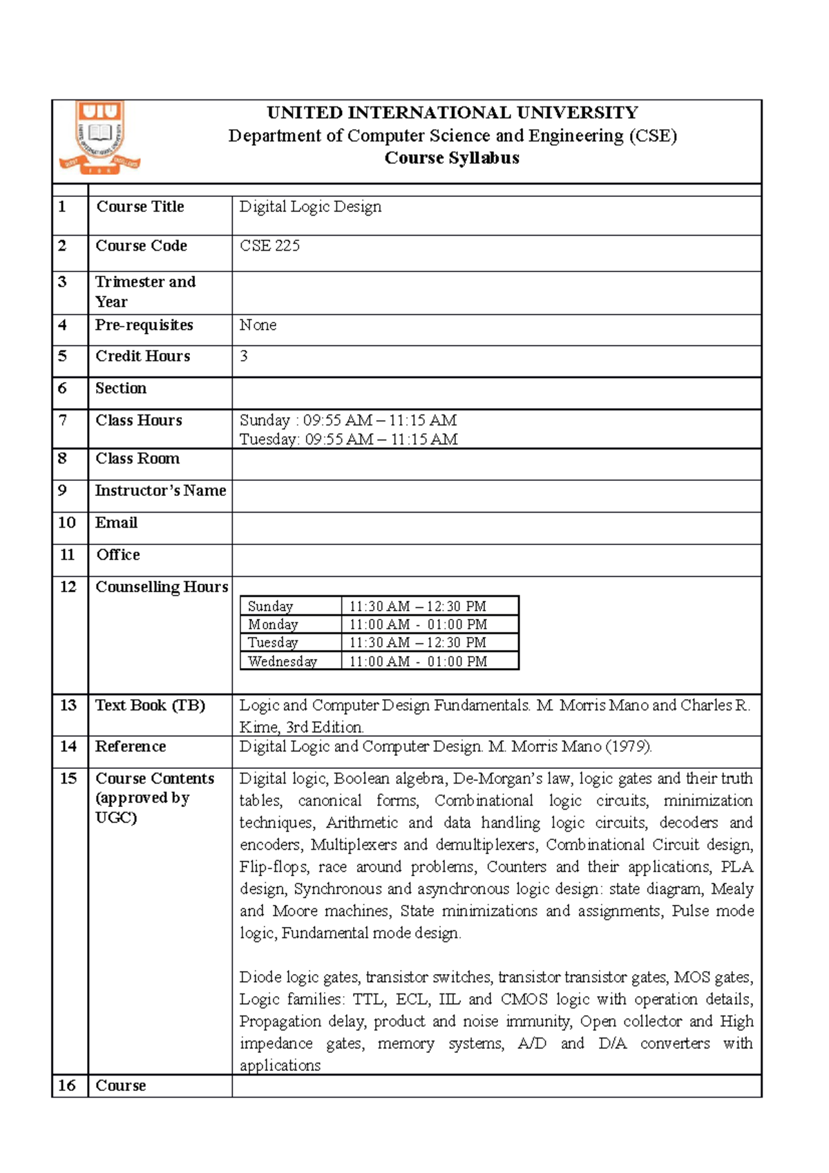 UIU-CSE-225-Course Syllabus - UNITED INTERNATIONAL UNIVERSITY Department of Computer Science and ...