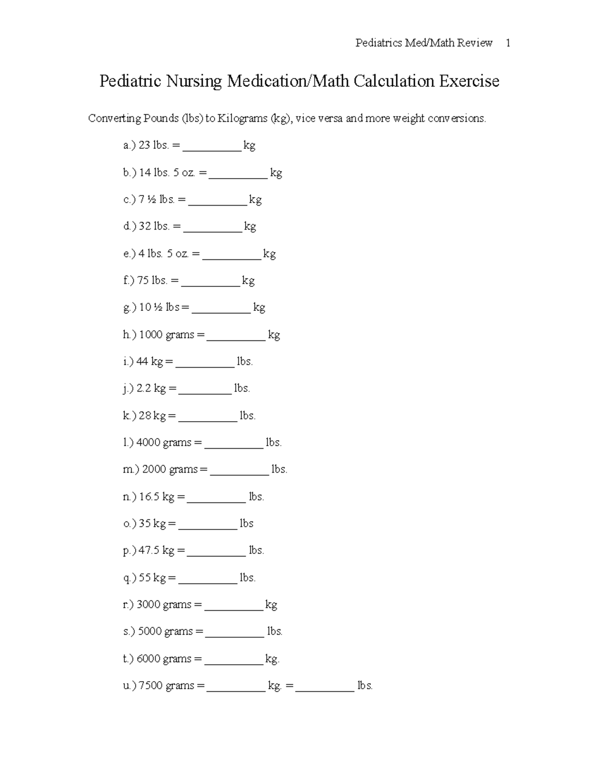 Med Math Review 1 Med Math Review Pediatric Nursing Medication Math