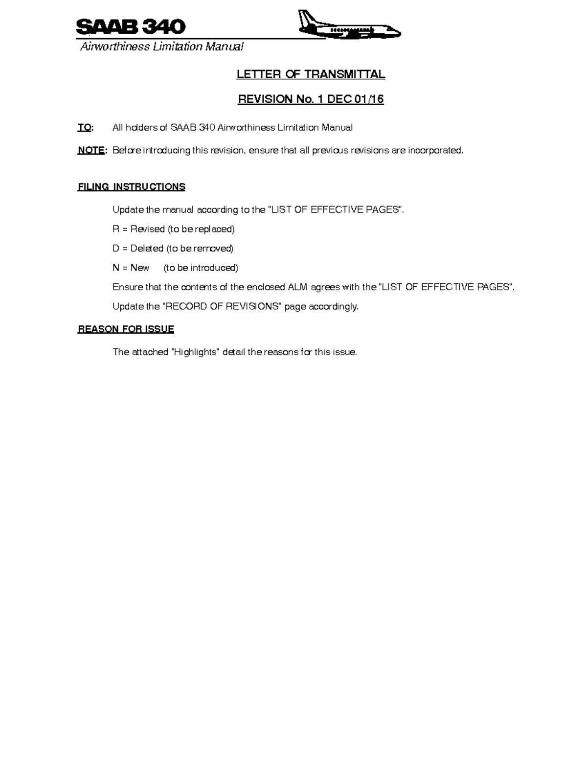 Airworthiness Limitations Manual - LETTER OF TRANSMITTAL REVISION No. 1 ...