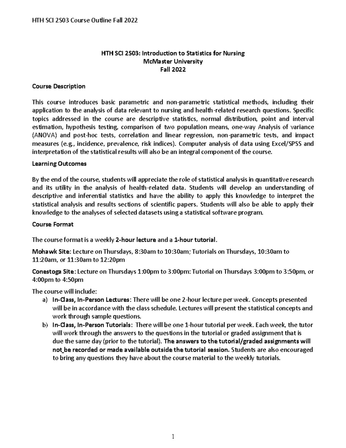 HTH SCI 2S03 Course Outline Fall 2022 - Specific topics addressed in the course are descriptive ...