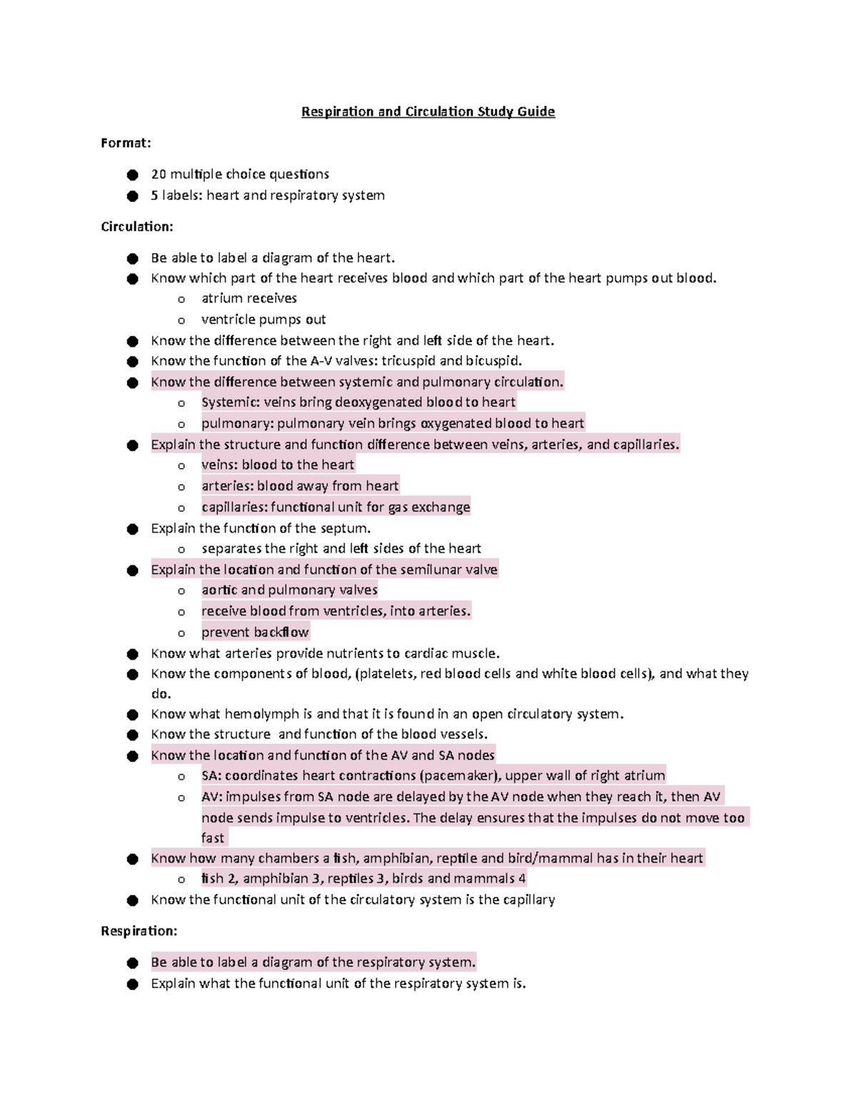 Respiration and Circulation Study Guide - Respiration and Circulation ...