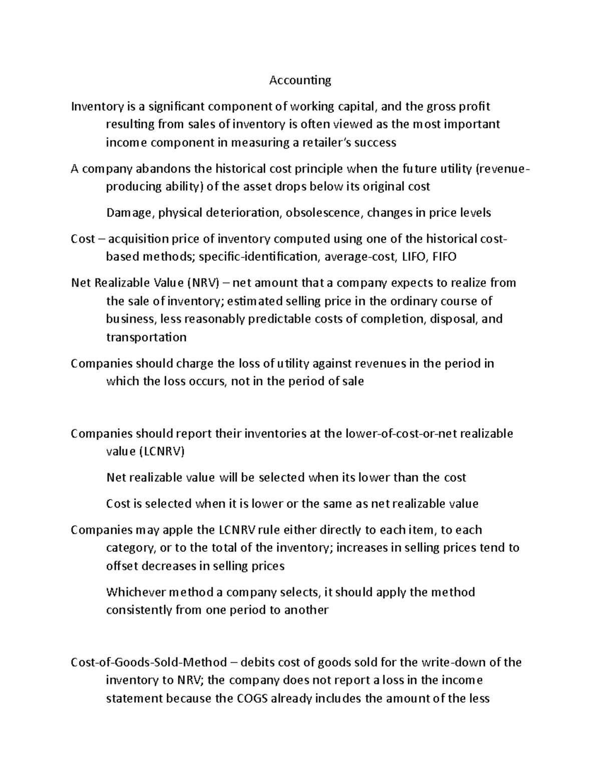Chapter 9 - Accounting Inventory is a significant component of working ...