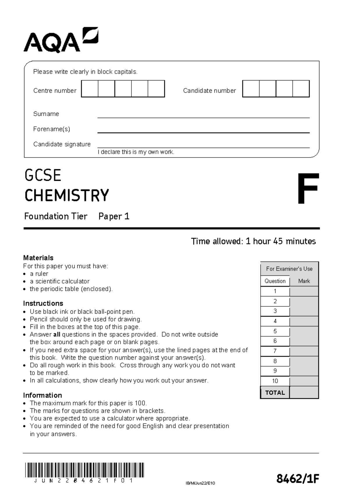 AQA-GCSE-Chemistry-Foundation-Paper-1-June-2022 - Jun2284621F01 IB/M ...