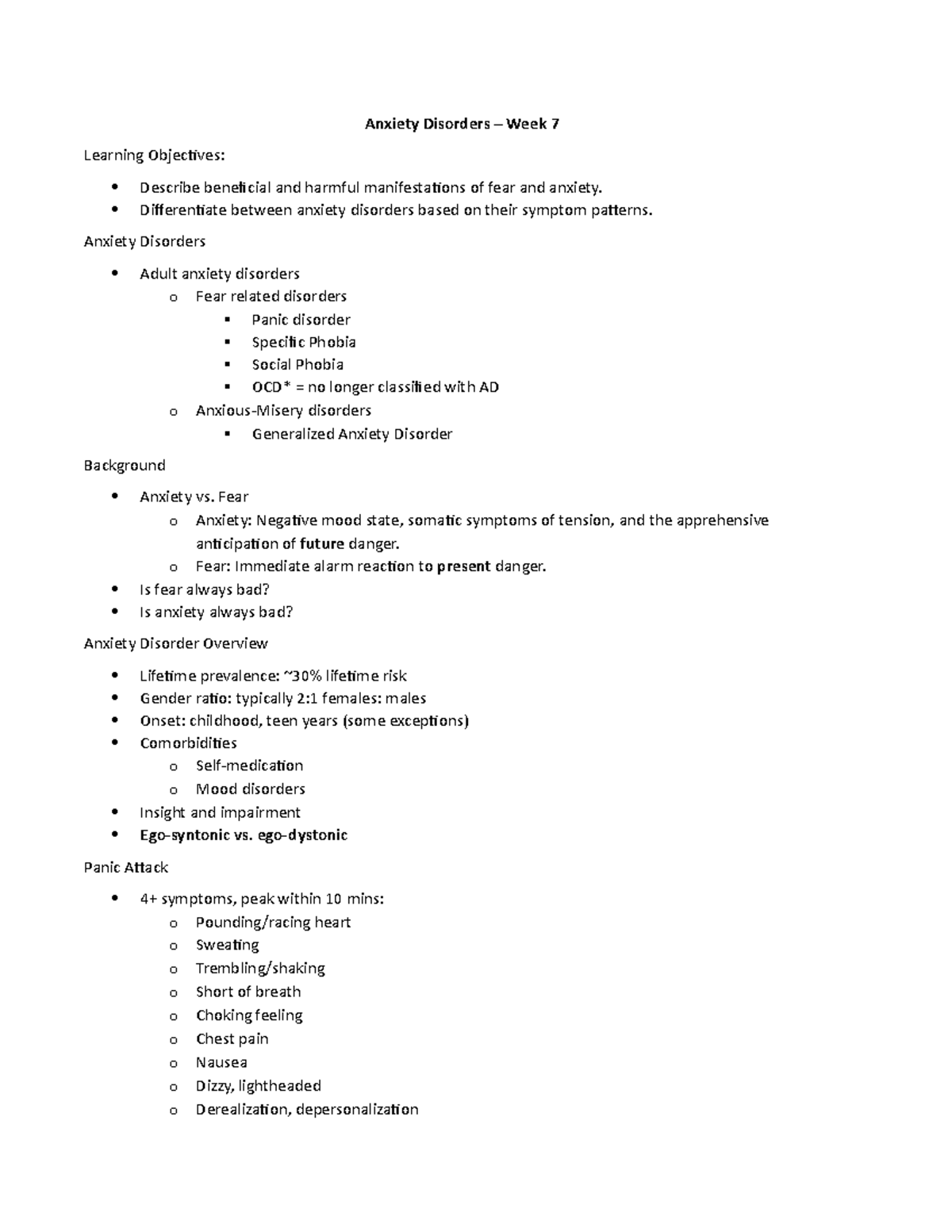 Anxiety Disorders - Lecture notes from the professor's lecture slides ...