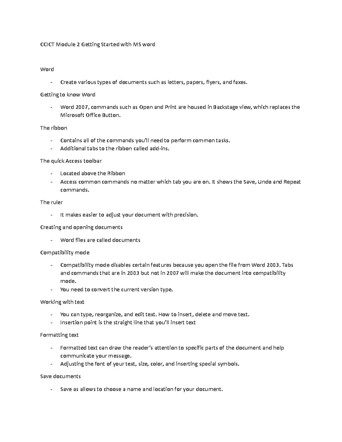Getting Started with MS word - CCICT Module 2 Getting Started with MS word Word - Create various ...