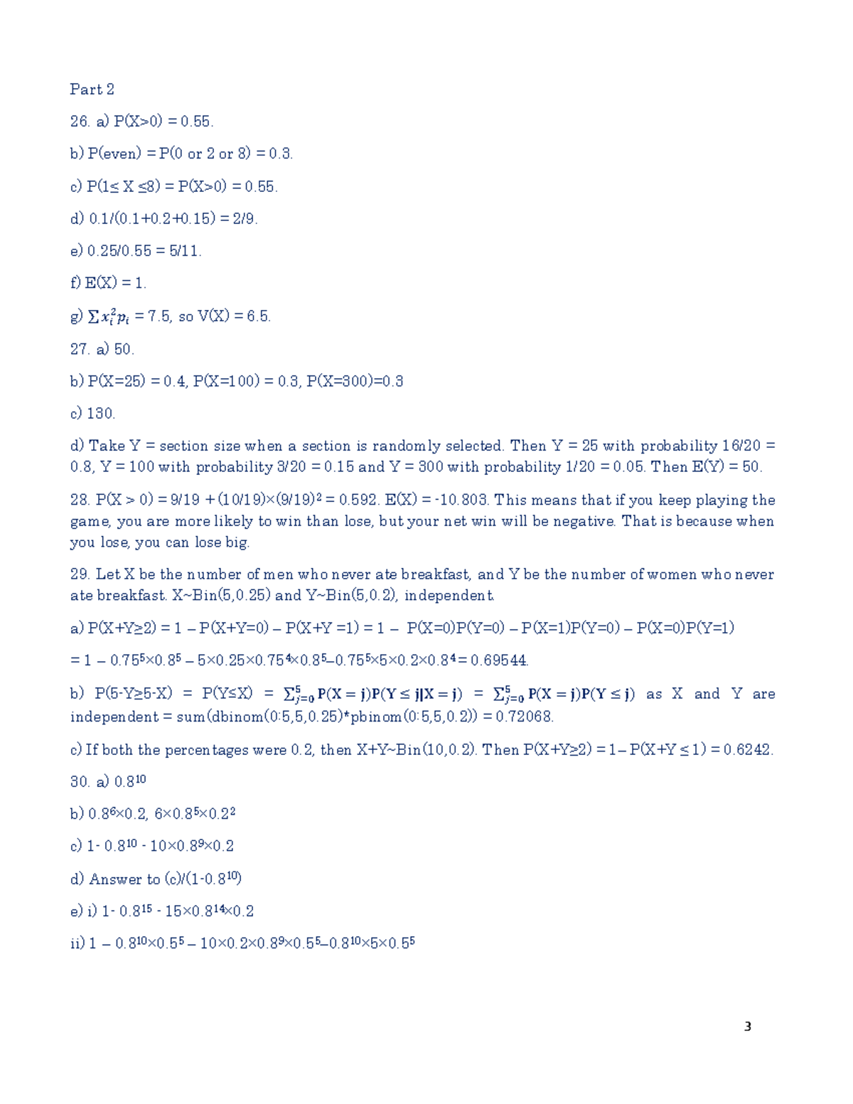 Solutions to Practice problems 2022 Part 2 - 3 Part 2 26. a) P(X>0) = 0 ...