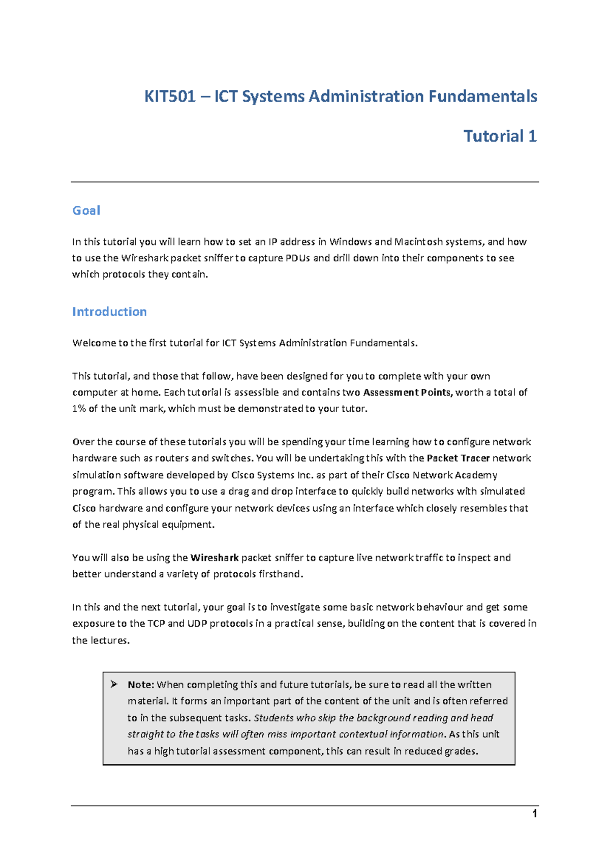 Kit501-tute-01 - Tutorial 1 - KIT501 – ICT Systems Administration ...