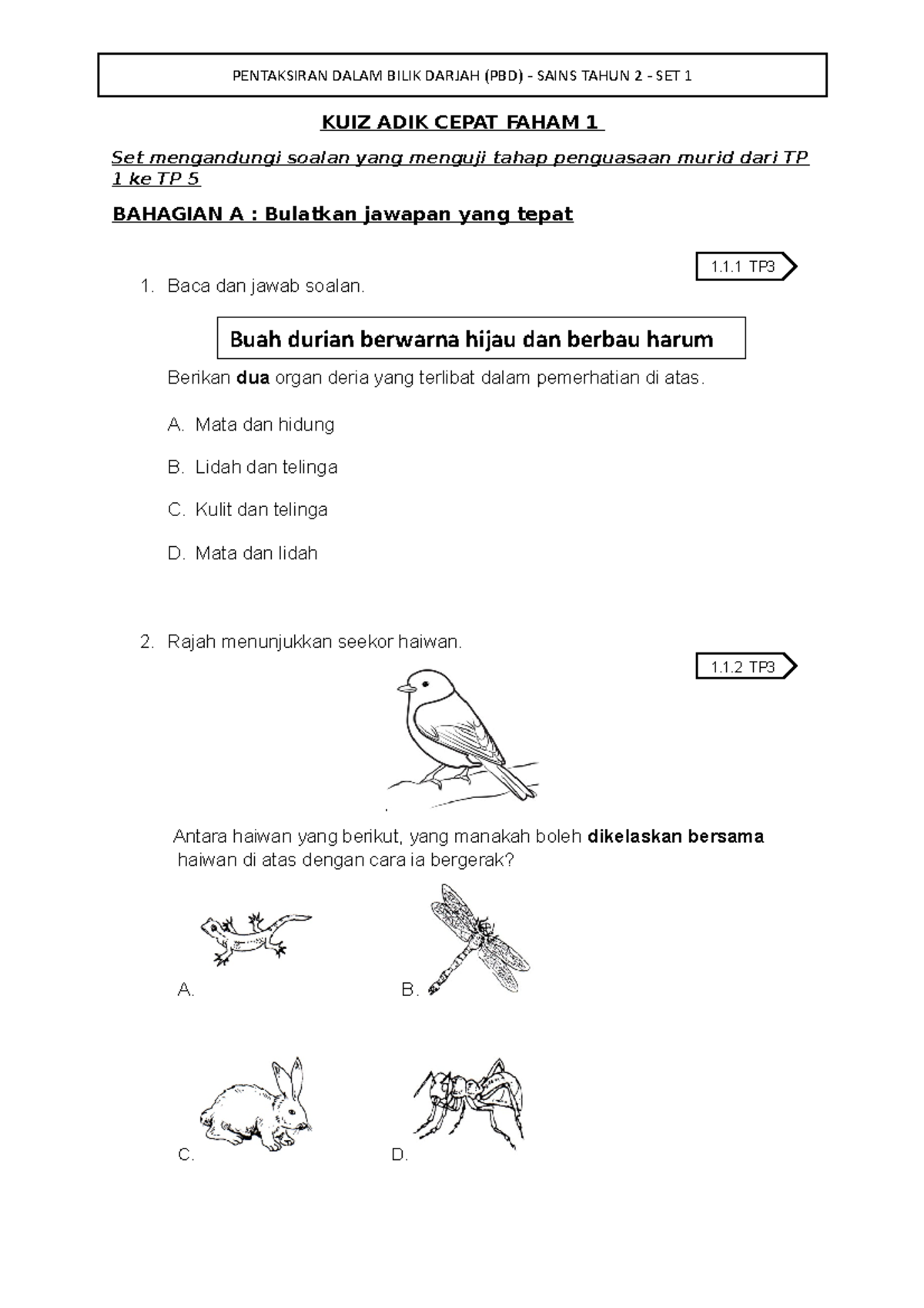Modul PBD KUIZ Cepat Faham Sains Tahun 2 KSSR Semakan 02 - KUIZ ADIK CEPAT FAHAM 1 Set ...