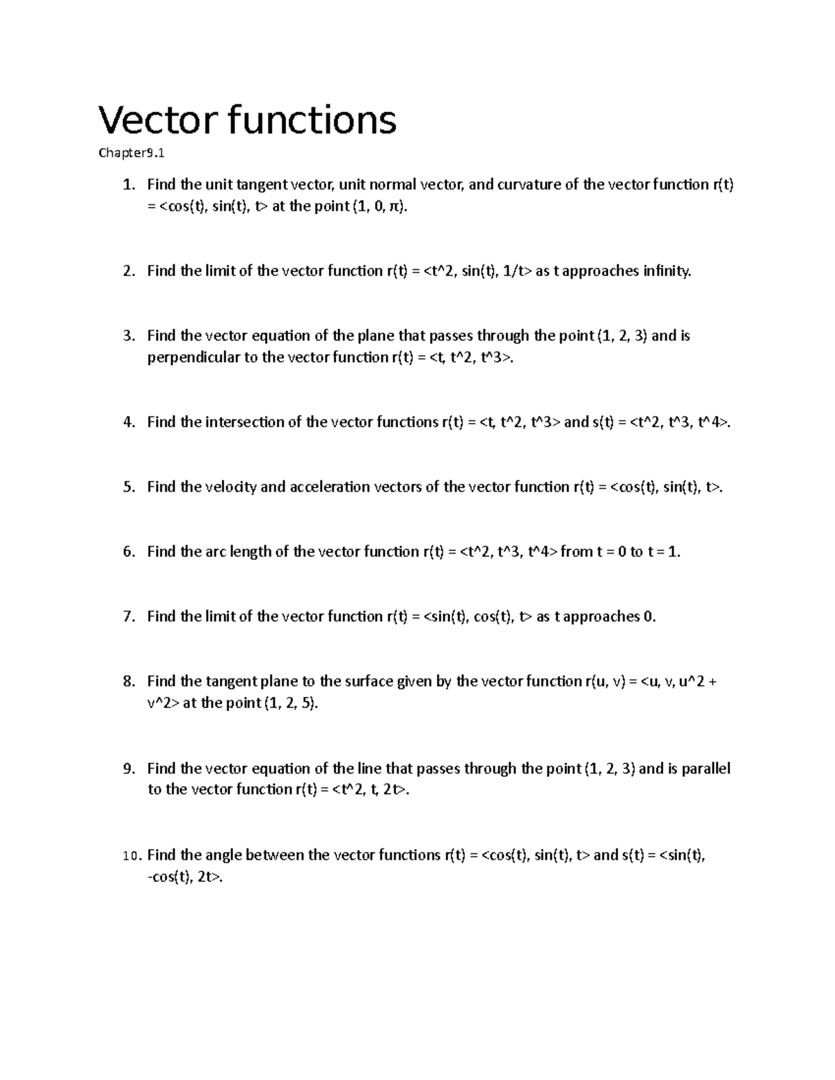 Vector functions - calculus 3 self-made worksheet - Vector functions ...