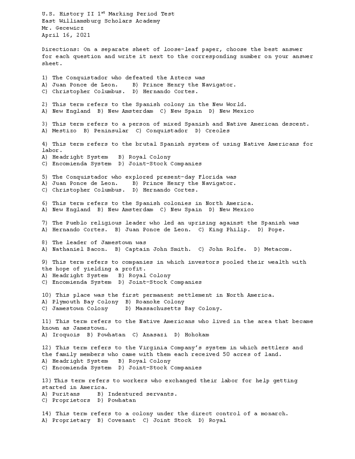 - U.S. History 2 1st Marking Period Test - U. History II 1st Marking ...