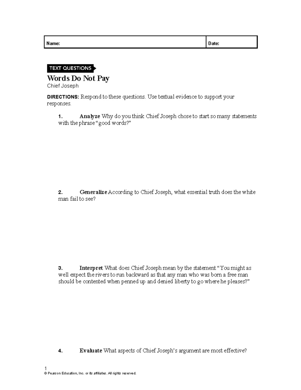 8th TEXT Questions -WRDS DON T PAY - Name: Date: Words Do Not Pay Chief Joseph DIRECTIONS ...