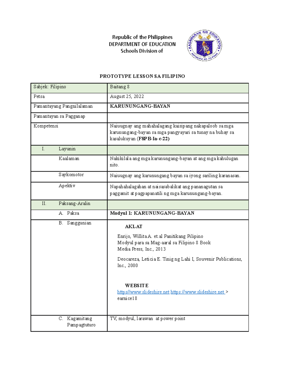 Filipino 8-Q1-Week1 - Republic of the Philippines DEPARTMENT OF ...
