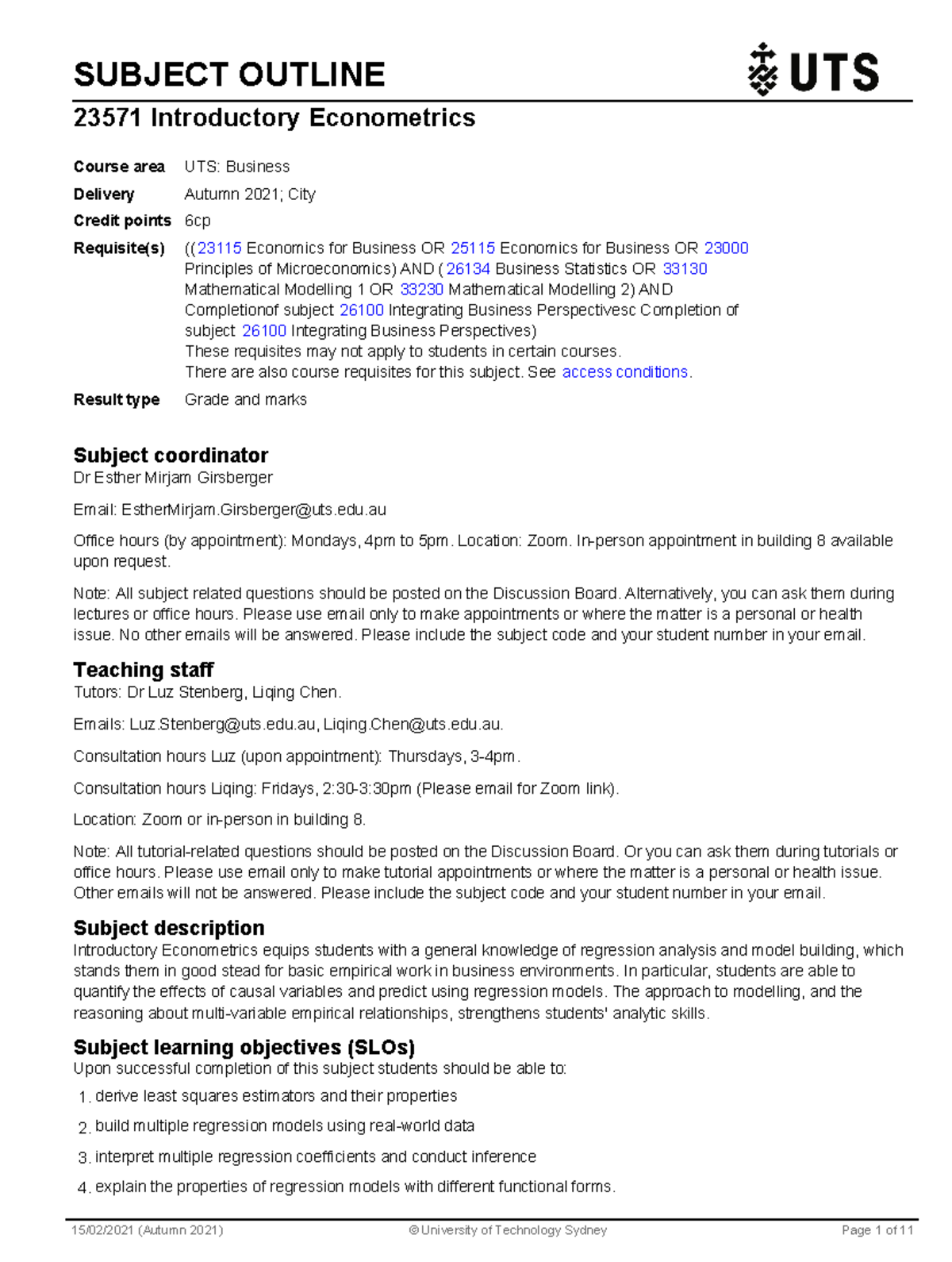Introductory Econometrics Subject Outline Semester 1 2021 Subject