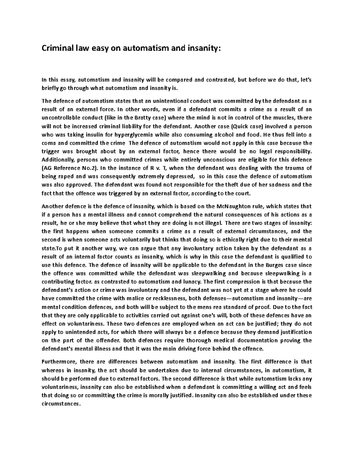 Criminal law easy on automatism and insanity checked - Criminal law ...