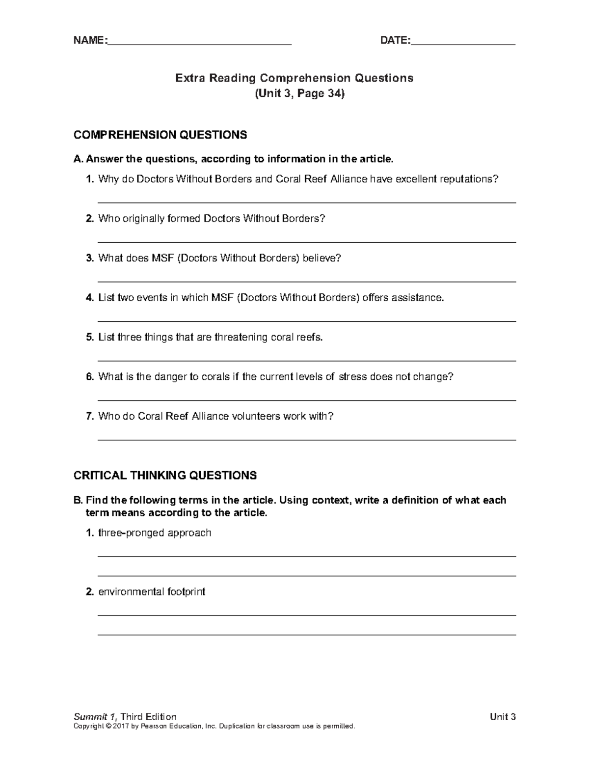 03-Reading Comprehension UNIT 3 - Copyright © 2017 by Pearson Education ...