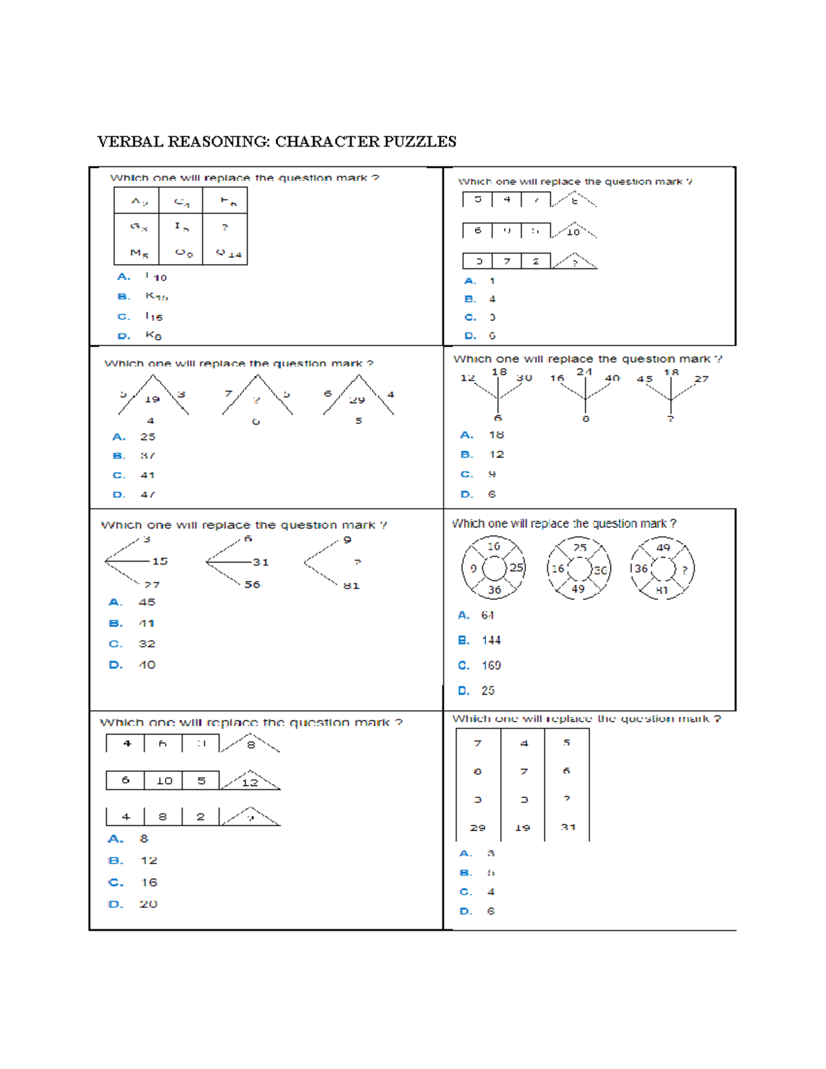 Pgcet Reasoning - VERBAL REASONING: CHARACTER PUZZLES Answer: Option D ...