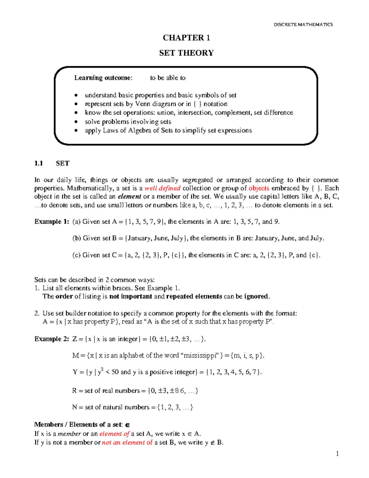 Chapter 1 Set theory - CHAPTER 1 SET THEORY 1 SET In our daily life, things or objects are ...