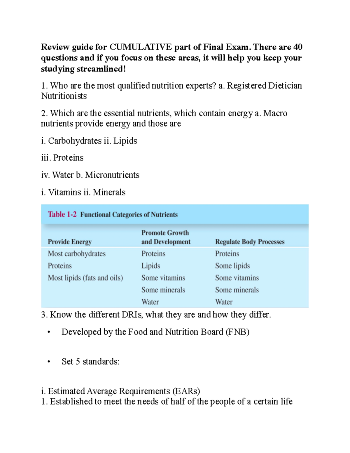 Nutr251 cumulative final study guide - Review guide for CUMULATIVE part ...