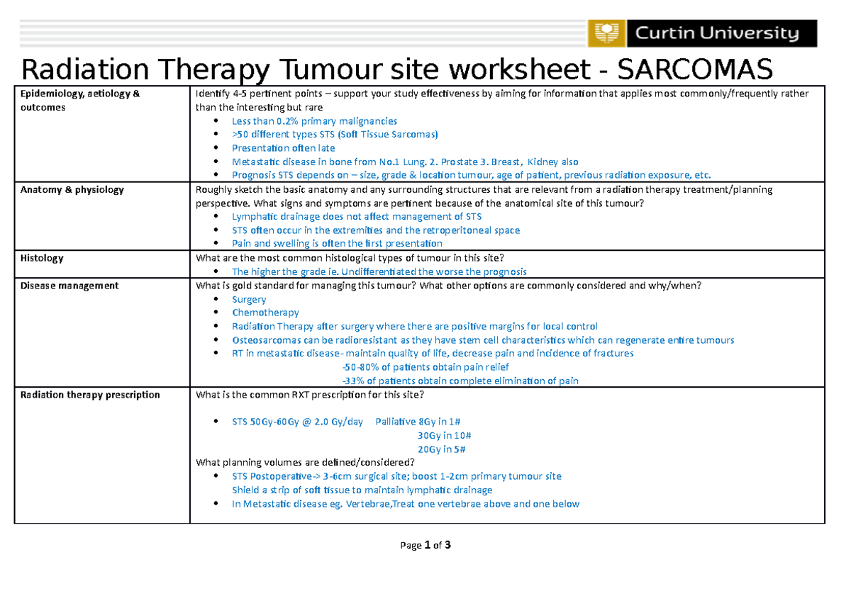 Radiation Therapy Sarcoma Site - Radiation Therapy Tumour site ...