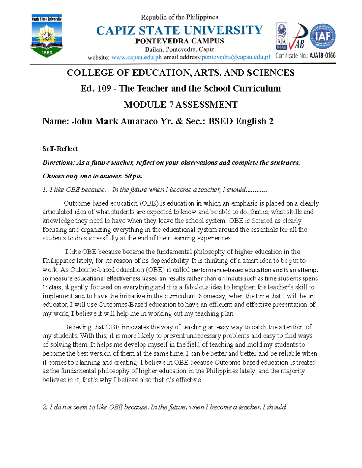 Ed 109 7 - saf - COLLEGE OF EDUCATION, ARTS, AND SCIENCES Ed. 109 - The ...