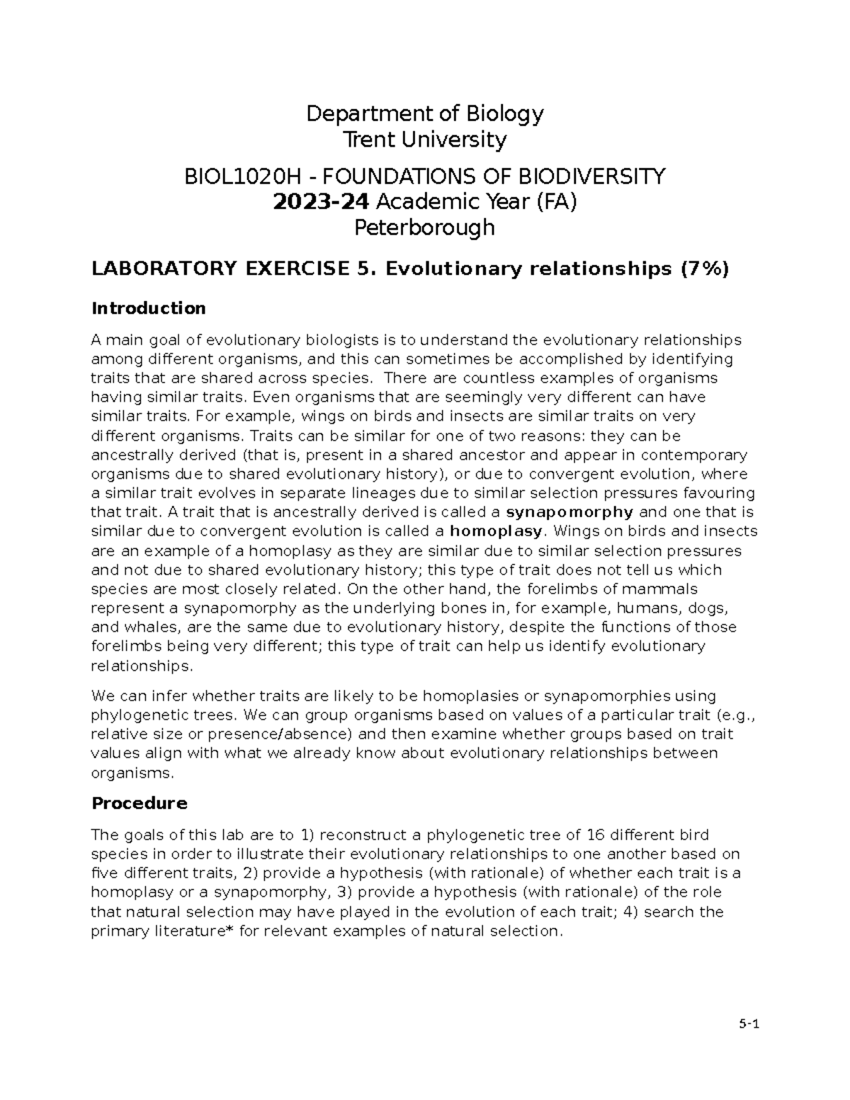 Biol 1020 Lab 5 Evol relationships Final - Department of Biology Trent University BIOL1020H ...