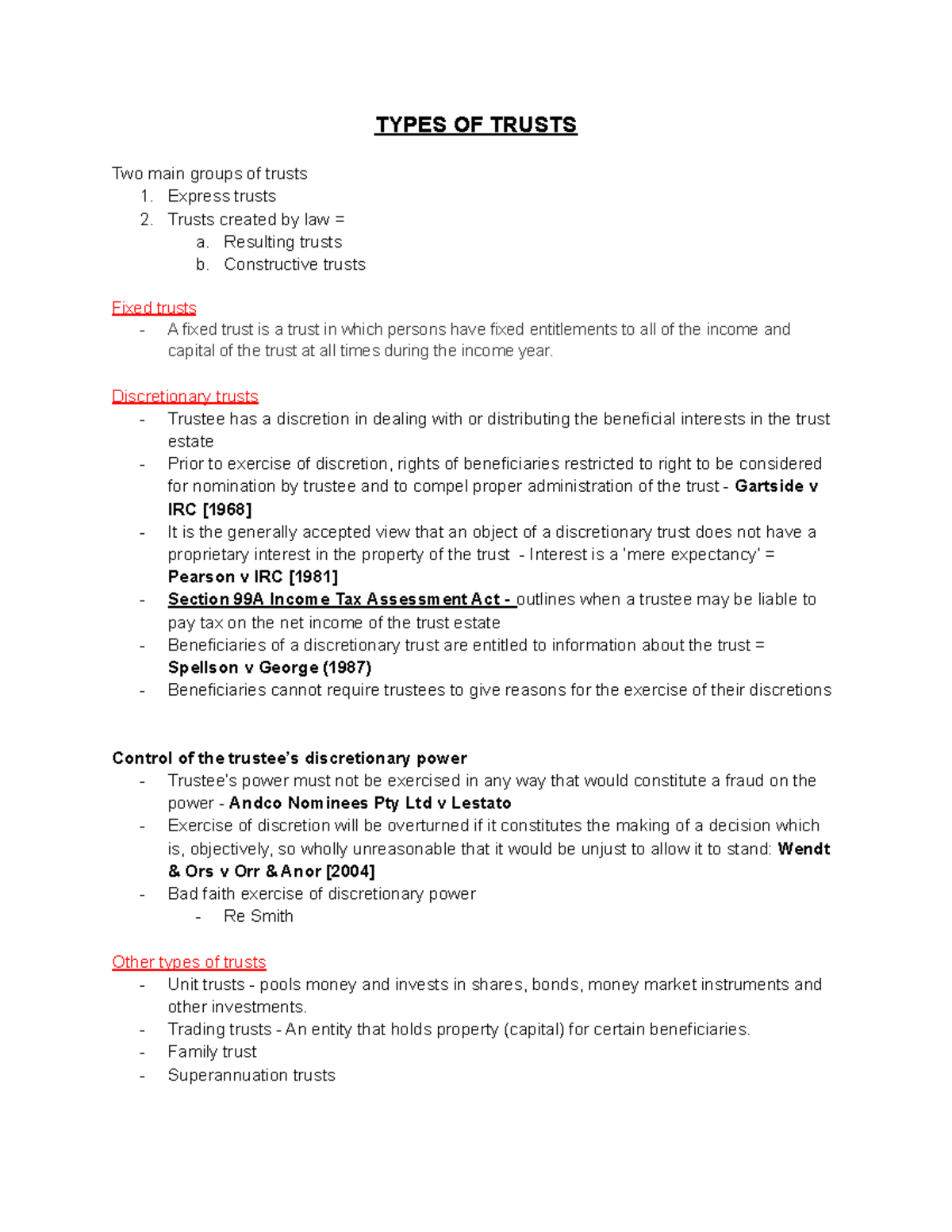 Trusts exam notes - TYPES OF TRUSTS Two main groups of trusts 1 ...