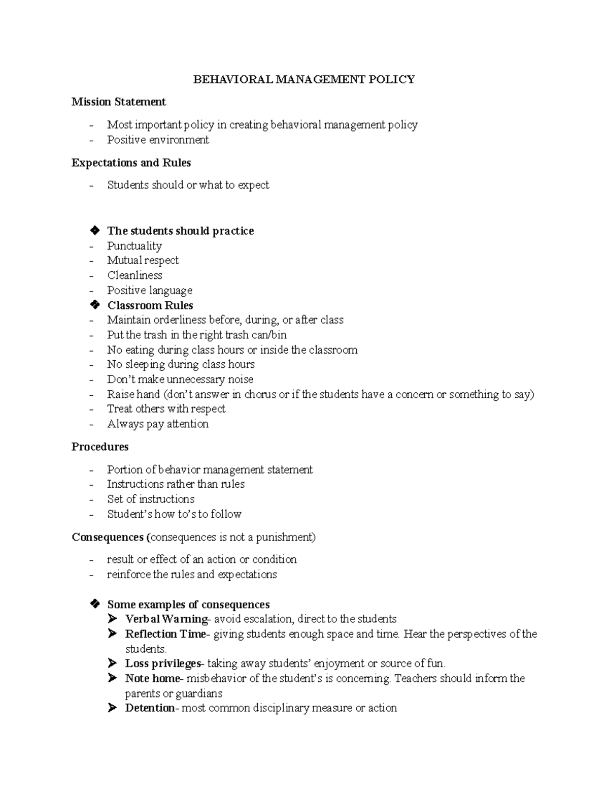 Behavioral Management Policy - BEHAVIORAL MANAGEMENT POLICY Mission ...