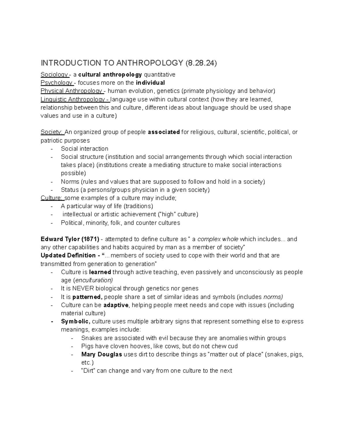 Anthro 101 Pre-Midterm Notes - INTRODUCTION TO ANTHROPOLOGY (8.28 ...