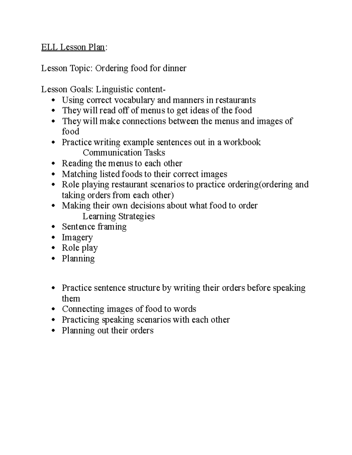 ELL Lesson Plan - Name of Teacher: Kimberly Cardimona - ELL Lesson Plan ...