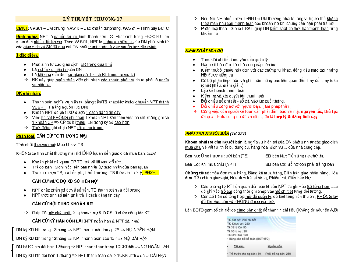 LÝ THUYẾT KTTC C17 - LÝ THUYẾT CHƯƠNG 17 CMKT: VAS01 – CM chung, VAS18 ...