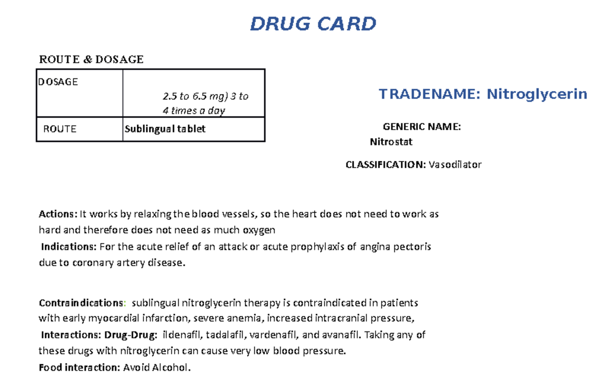 Nitogrycerine - NURSING - DRUG CARD ROUTE & DOSAGE TRADENAME ...