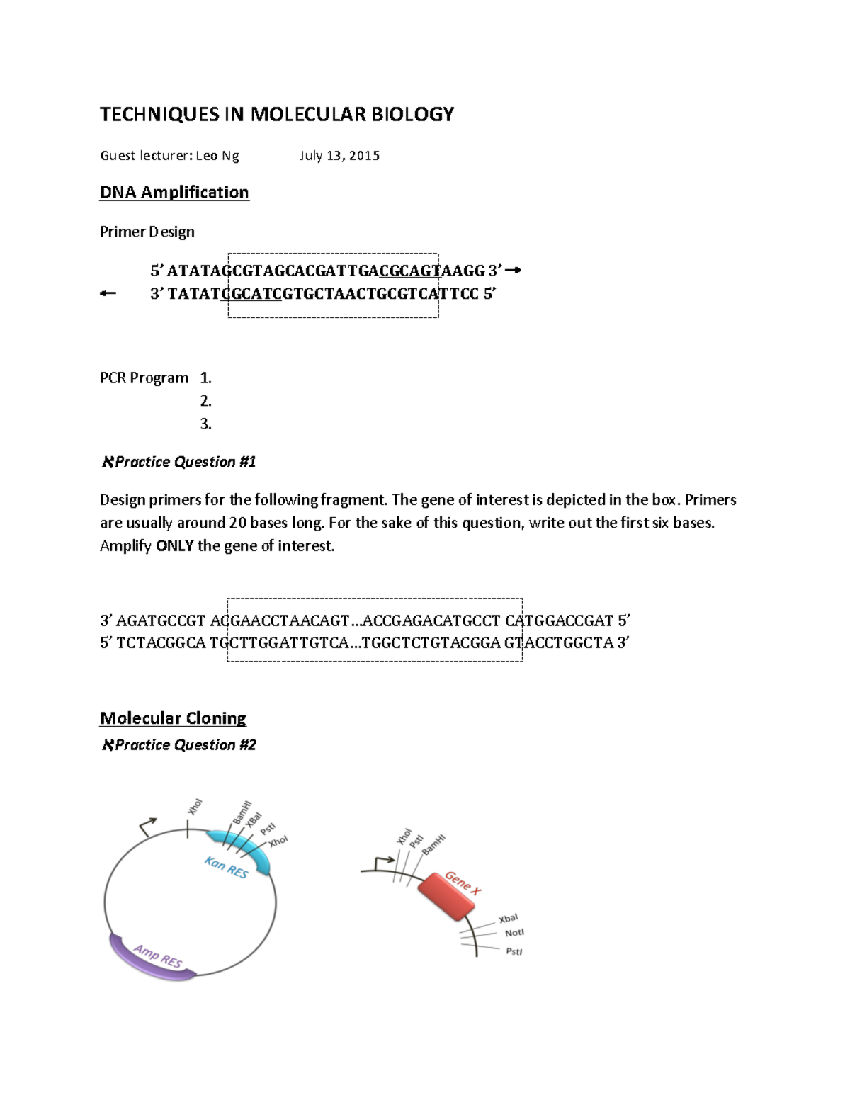 Lecture 4 - Molecular Biology Techniques Worksheet - TECHNIQUES IN ...