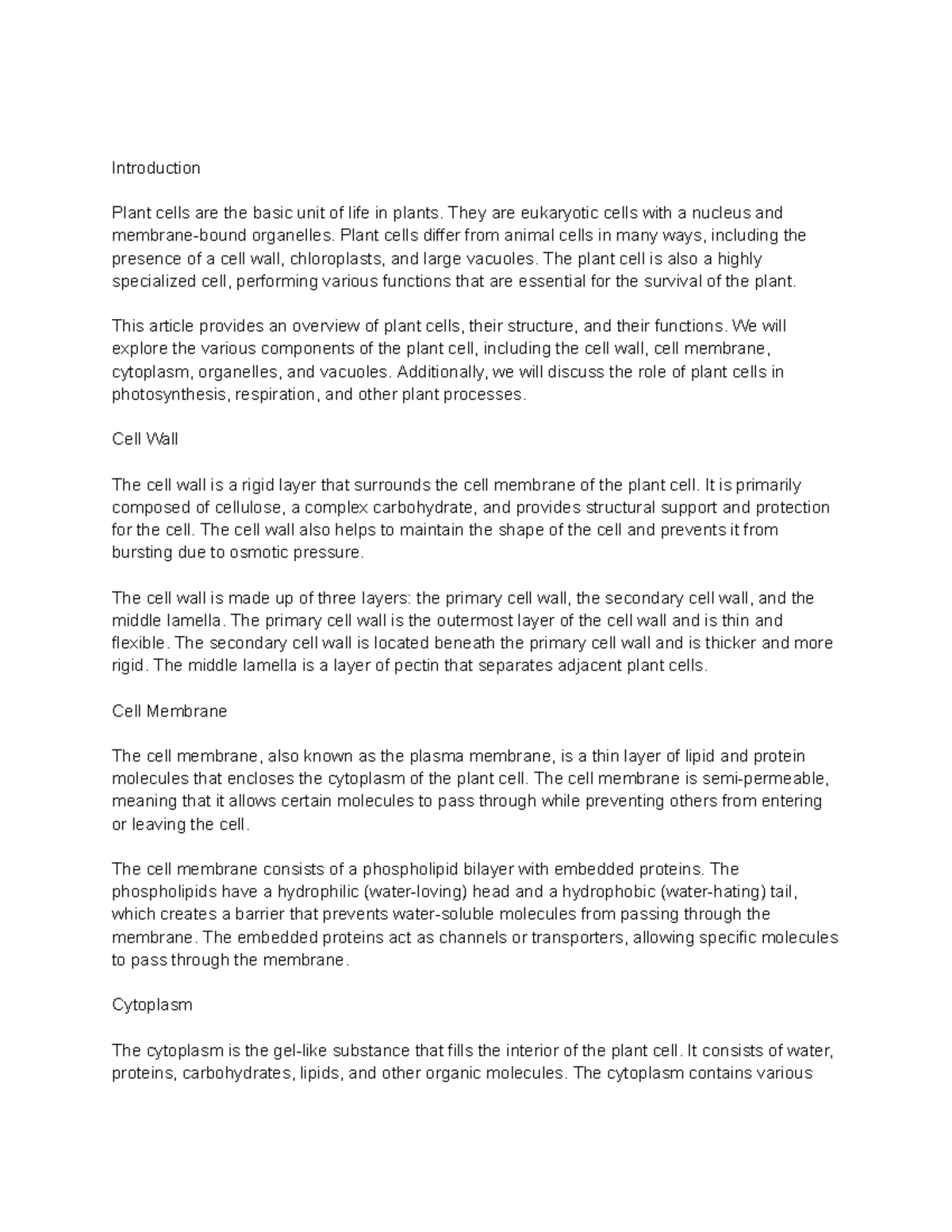 Plant Cells Notes - Introduction Plant cells are the basic unit of life ...