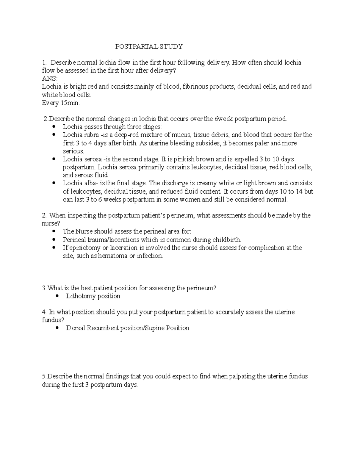 Postpartal Study - Lecture notes 16 - POSTPARTAL STUDY Describe normal ...