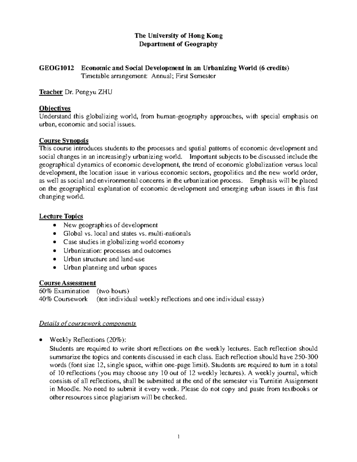 Course Outline - The University of Hong Kong Department of Geography ...