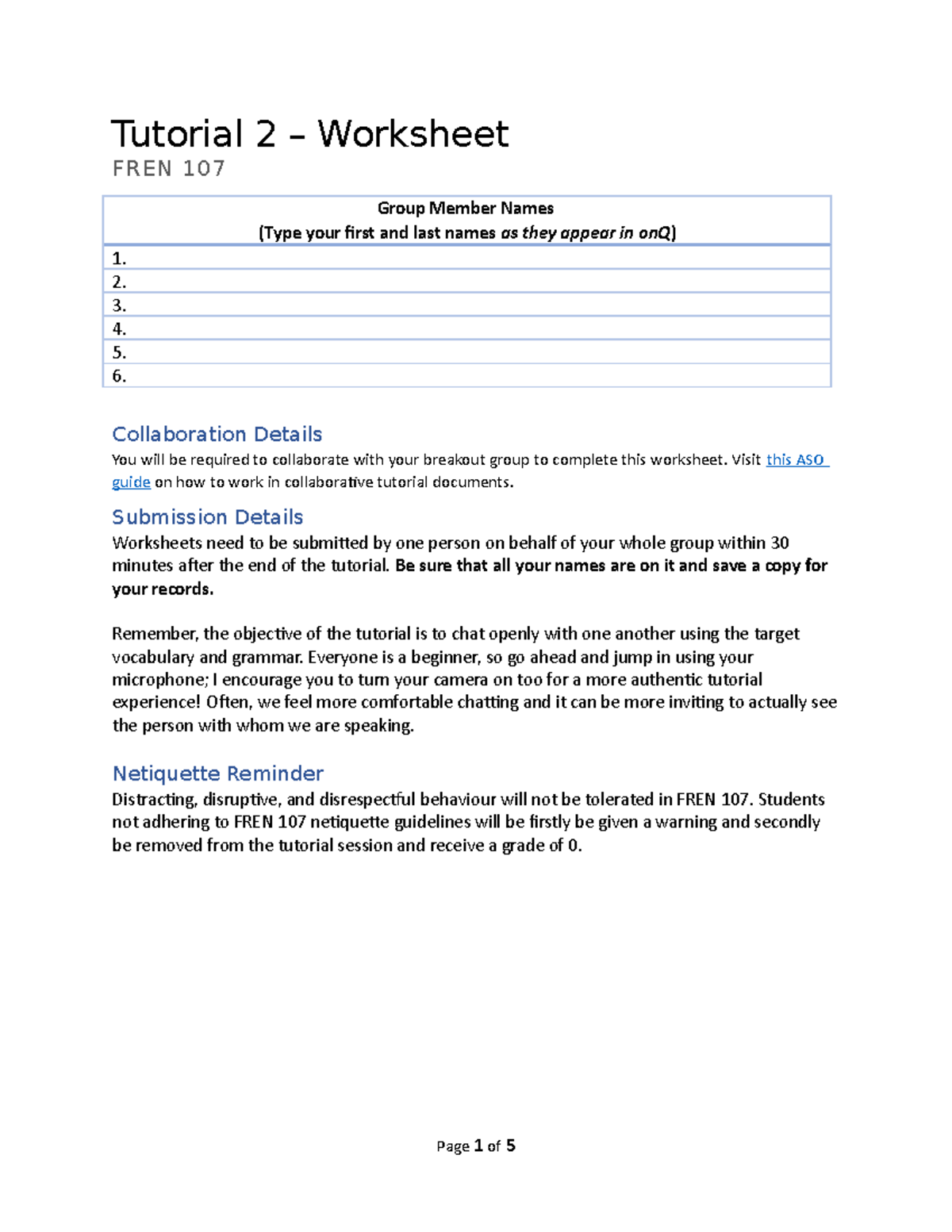 FREN 107 - Tutorial 2 Worksheet - Tutorial 2 – Worksheet FREN 107 Group Member Names (Type your ...