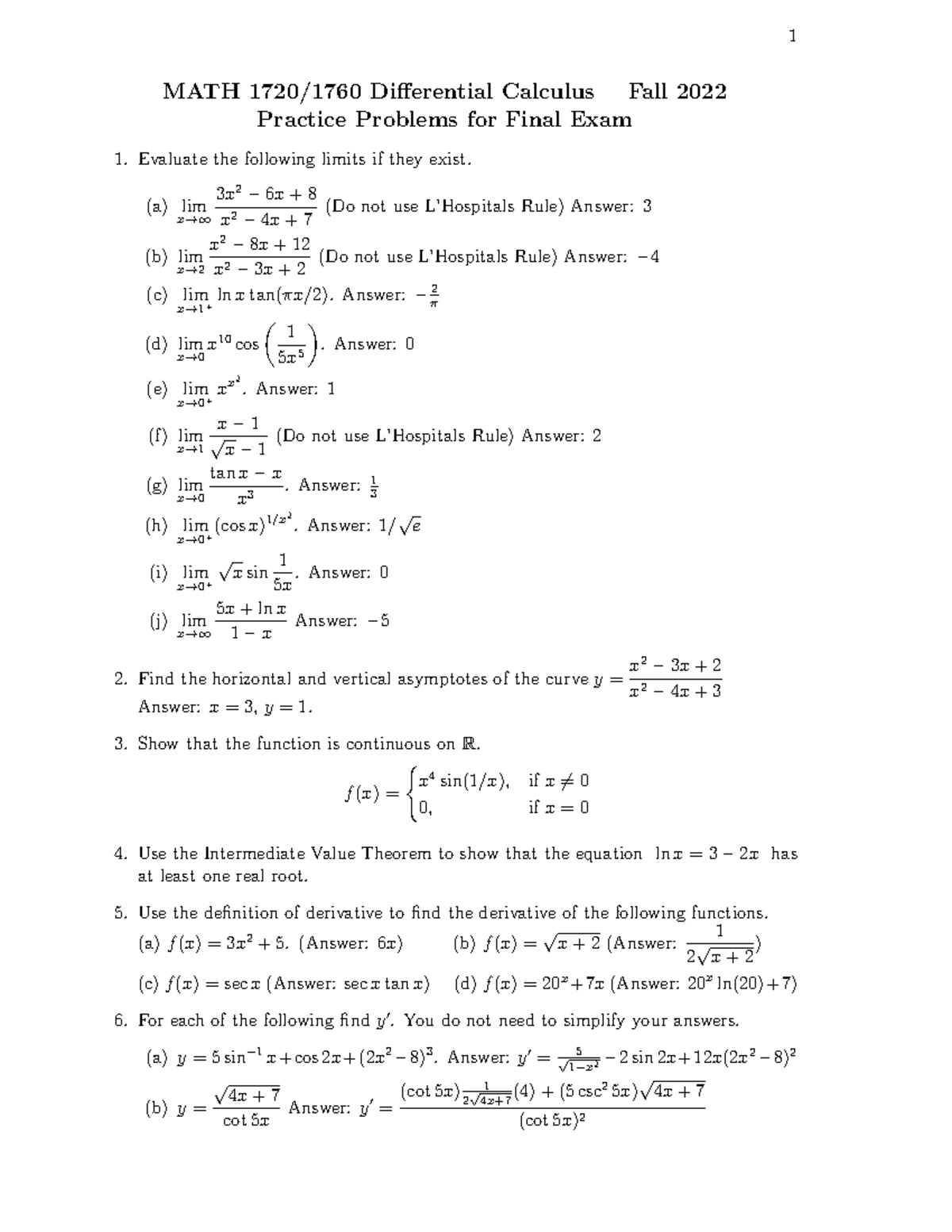 1720-Practice Questions Final F22 - 1 MATH 1720/1760 Differential Calculus Fall 2022 Practice ...