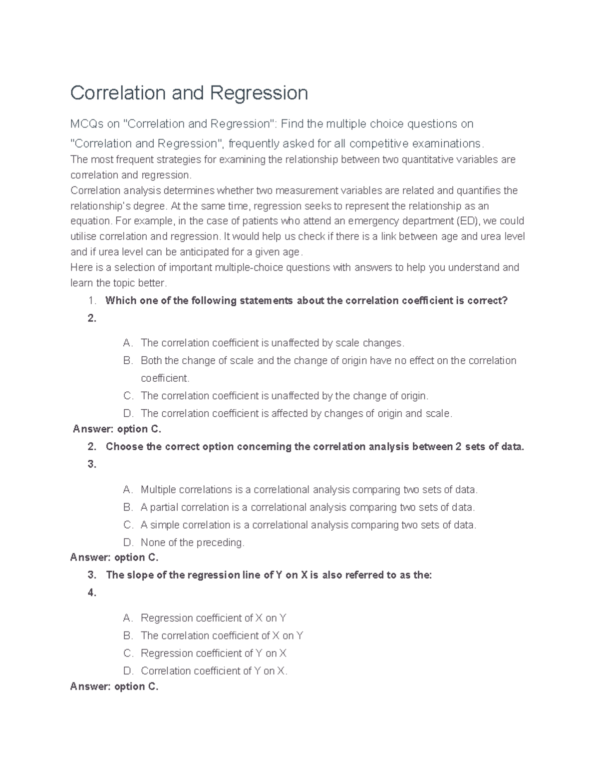 Correlation mcq - Docu - Correlation and Regression MCQs on ...