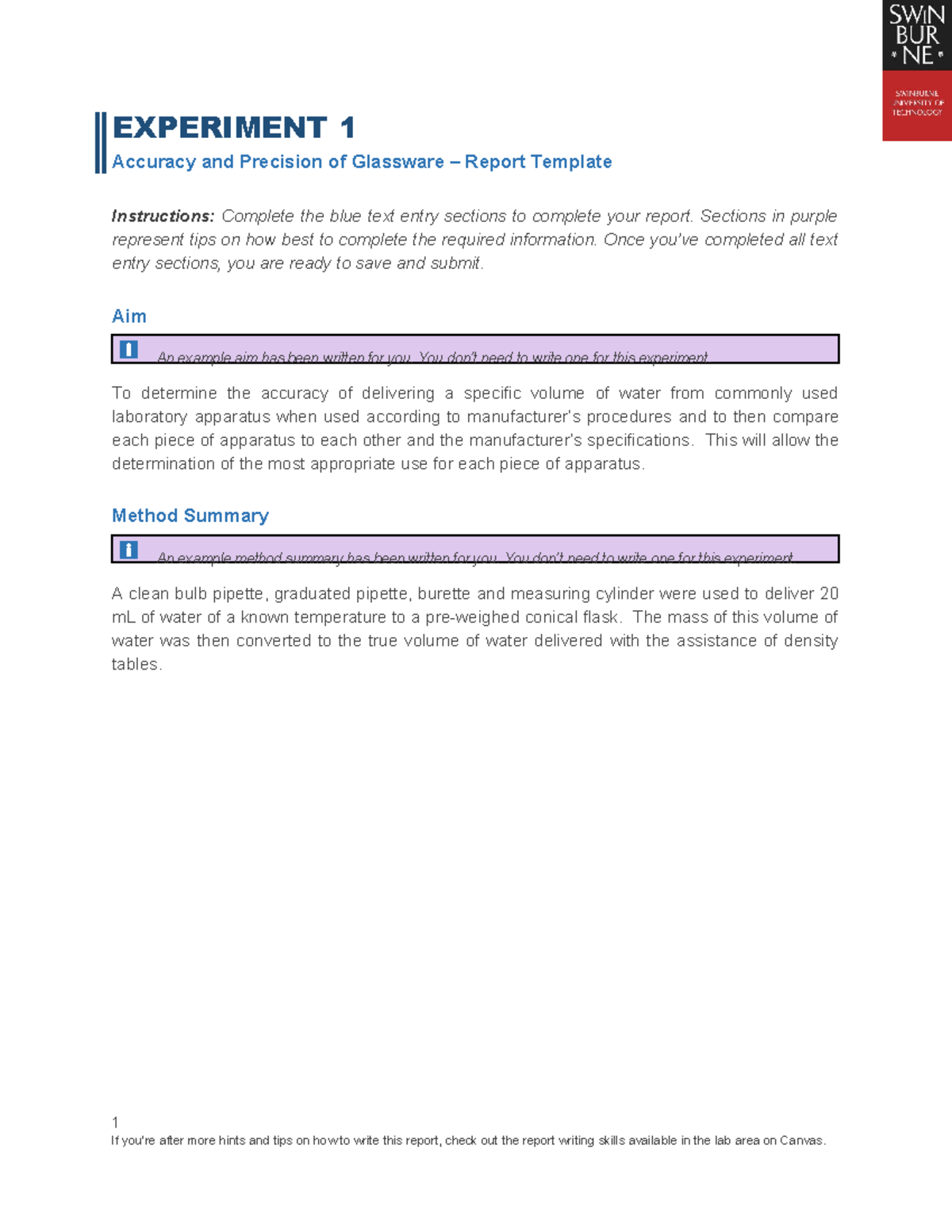 Experiment 1 Lab Report - EXPERIMENT 1 Accuracy and Precision of ...