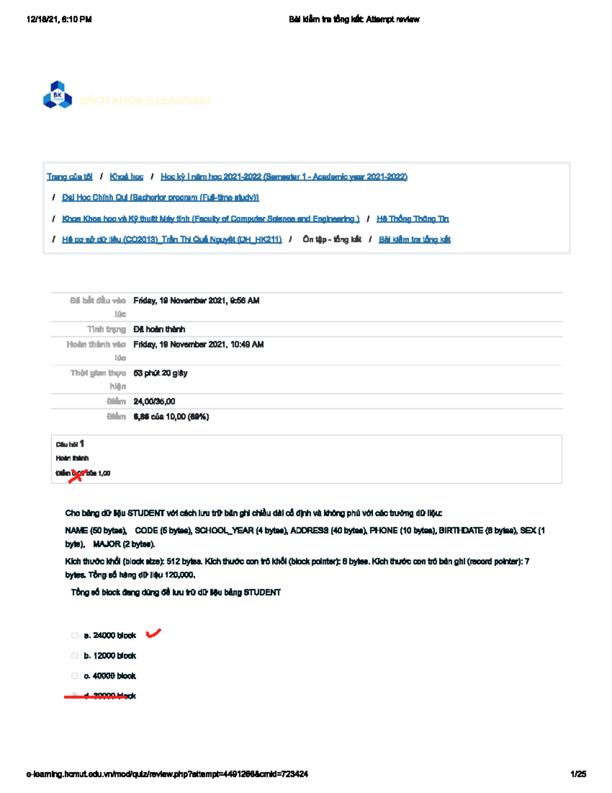 Dbs final 211 mockcccccc - 6:10 PM Bài kiém tra tong két: Attempt review BK BACH KHOA Trang cua ...