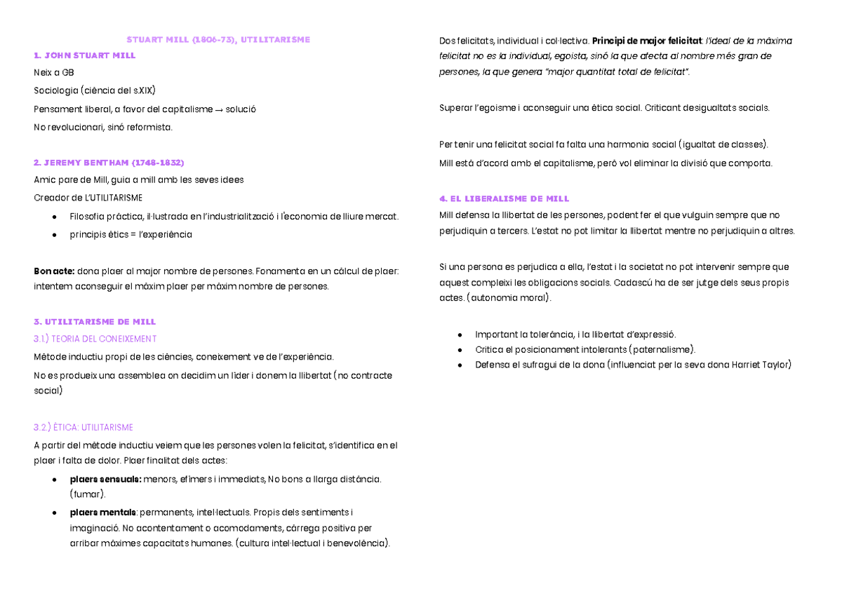 Esquema filo - STUART MILL (1806-73), UTILITARISME 1. JOHN STUART MILL Neix a GB Sociologia ...