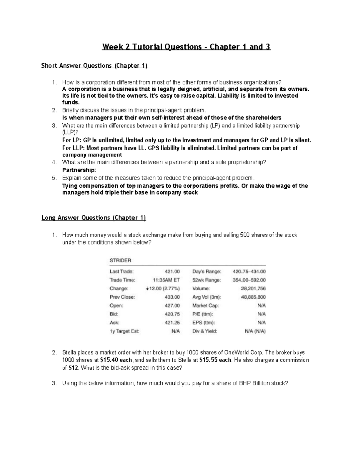 Week 2 chapter 1 and 2 finance problems - Week 2 Tutorial Questions ...