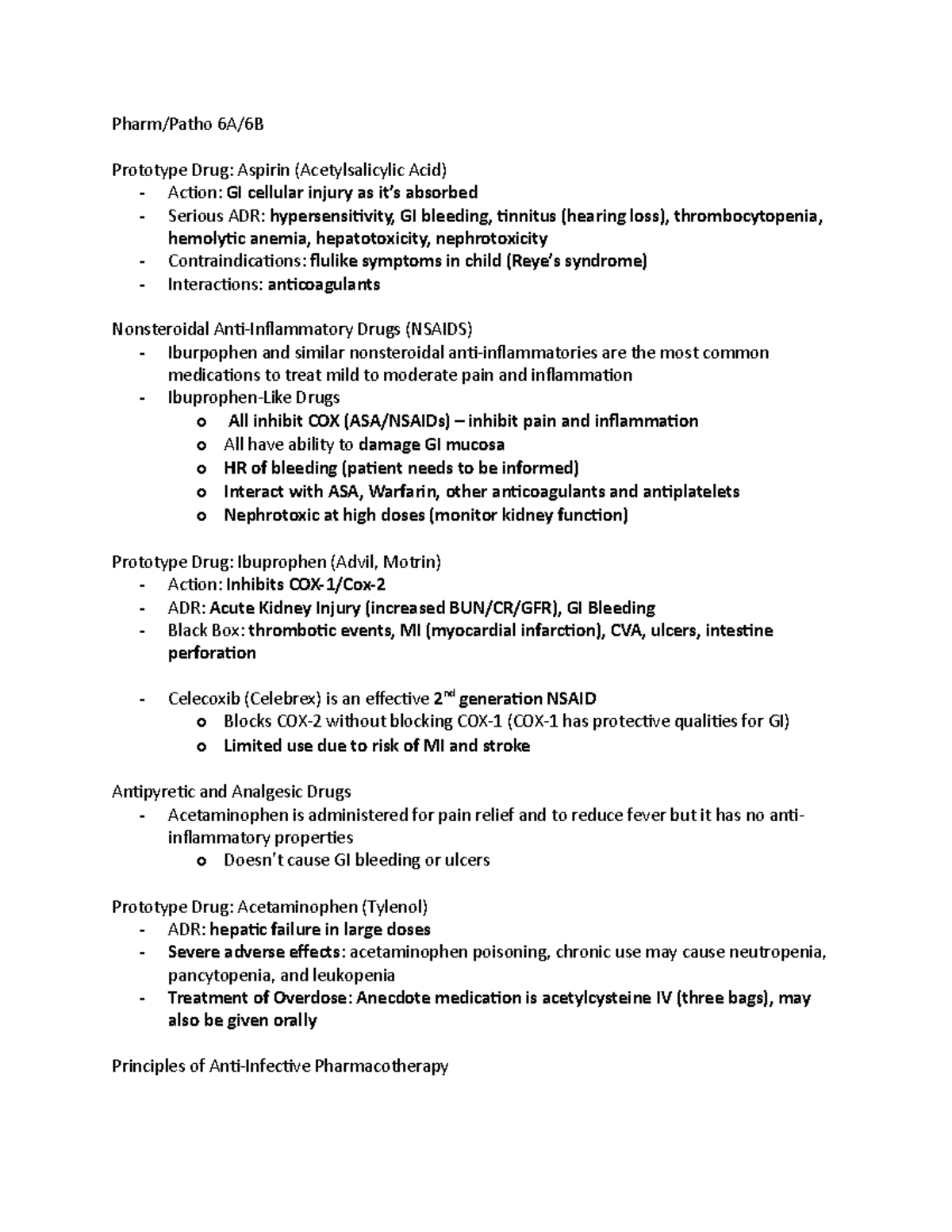 Pharm:Patho 6A:6B - Lecture Notes - Pharm/Patho 6A/6B Prototype Drug ...