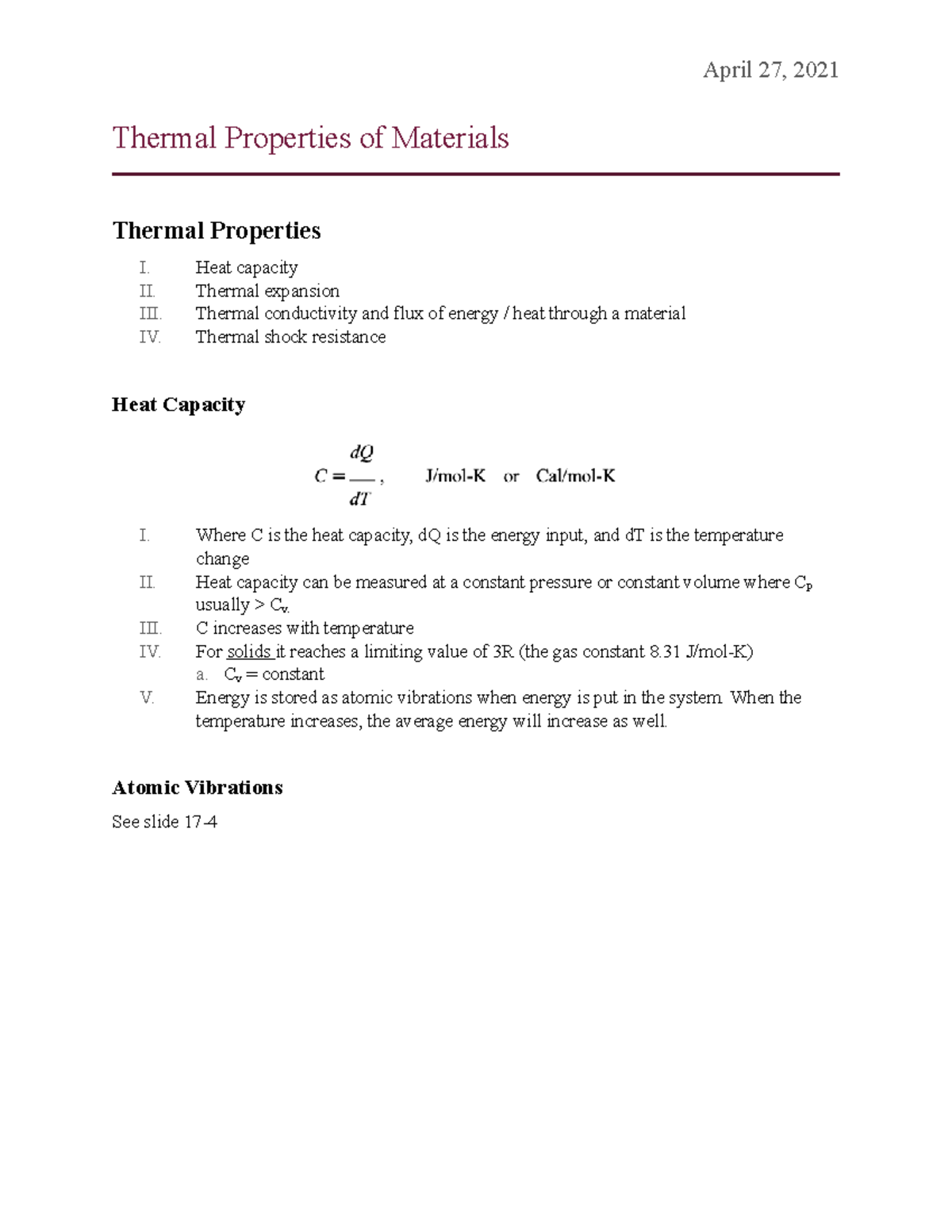 Ch17 lect21 p2 - Lecture notes 21.2 - April 27, 2021 Thermal Properties ...