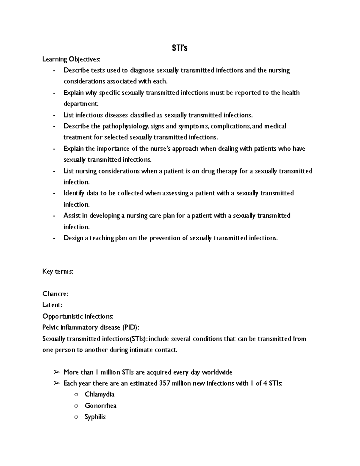 Spinal cord injury, STIs - STI’s Learning Objectives: - Describe tests ...