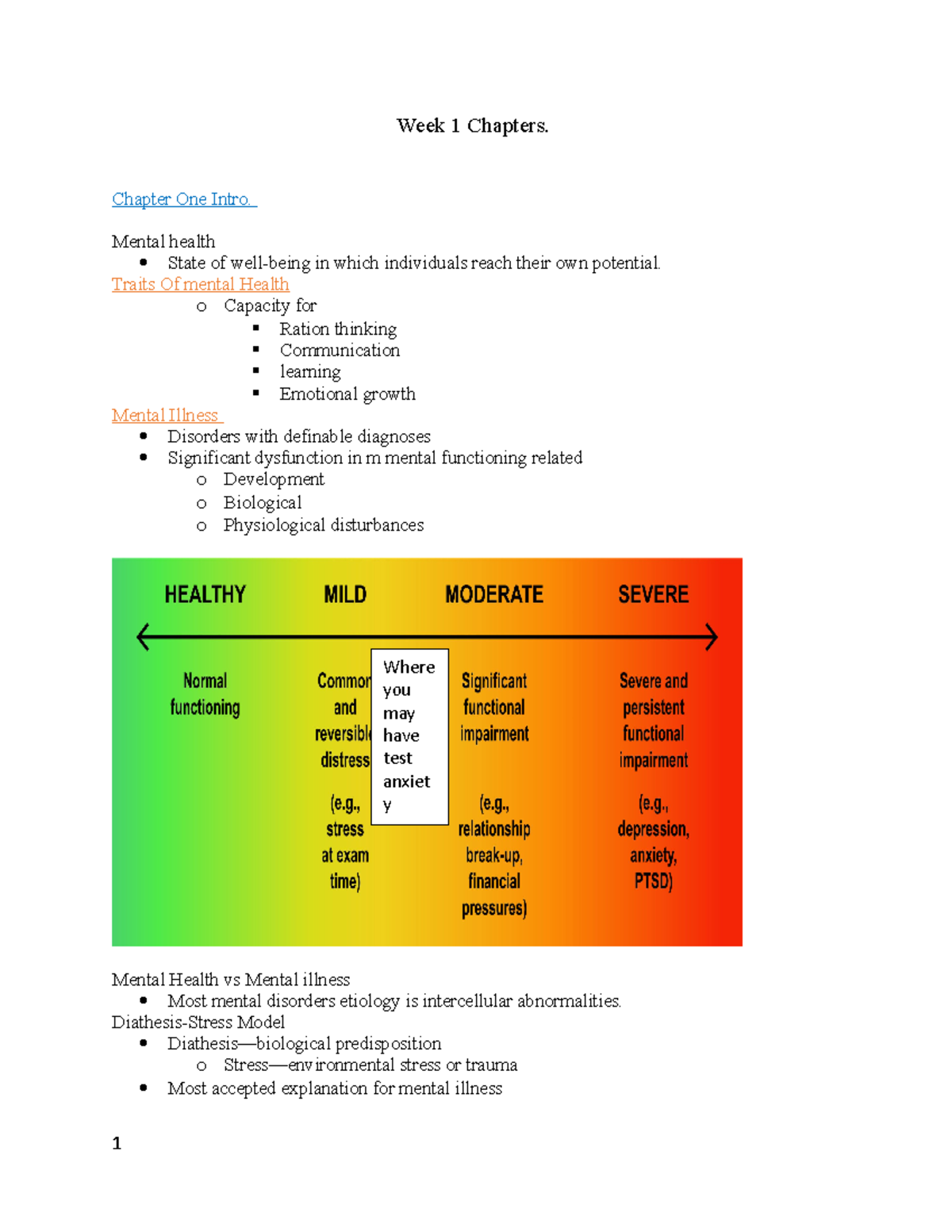 Mental Health Week One Notes - Week 1 Chapters. Chapter One Intro ...