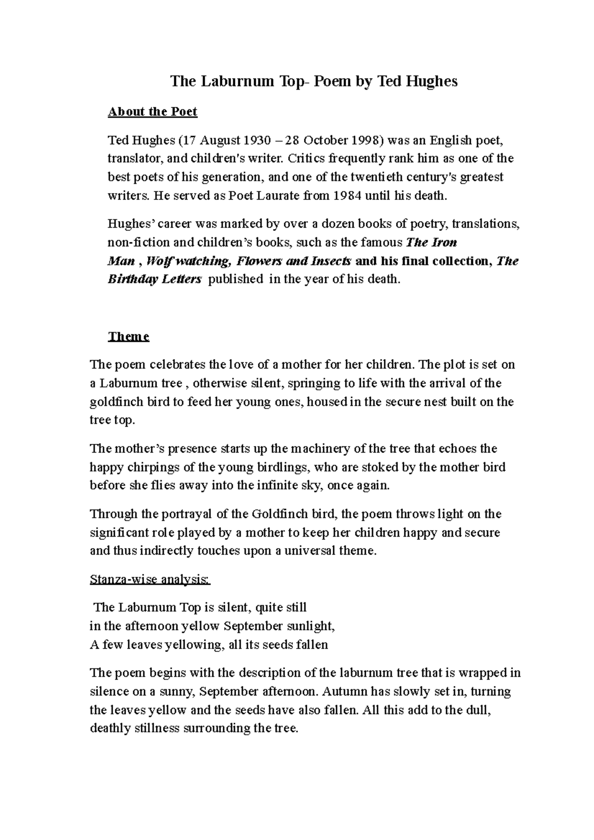 Laburnum Top notes - The Laburnum Top- Poem by Ted Hughes About the ...