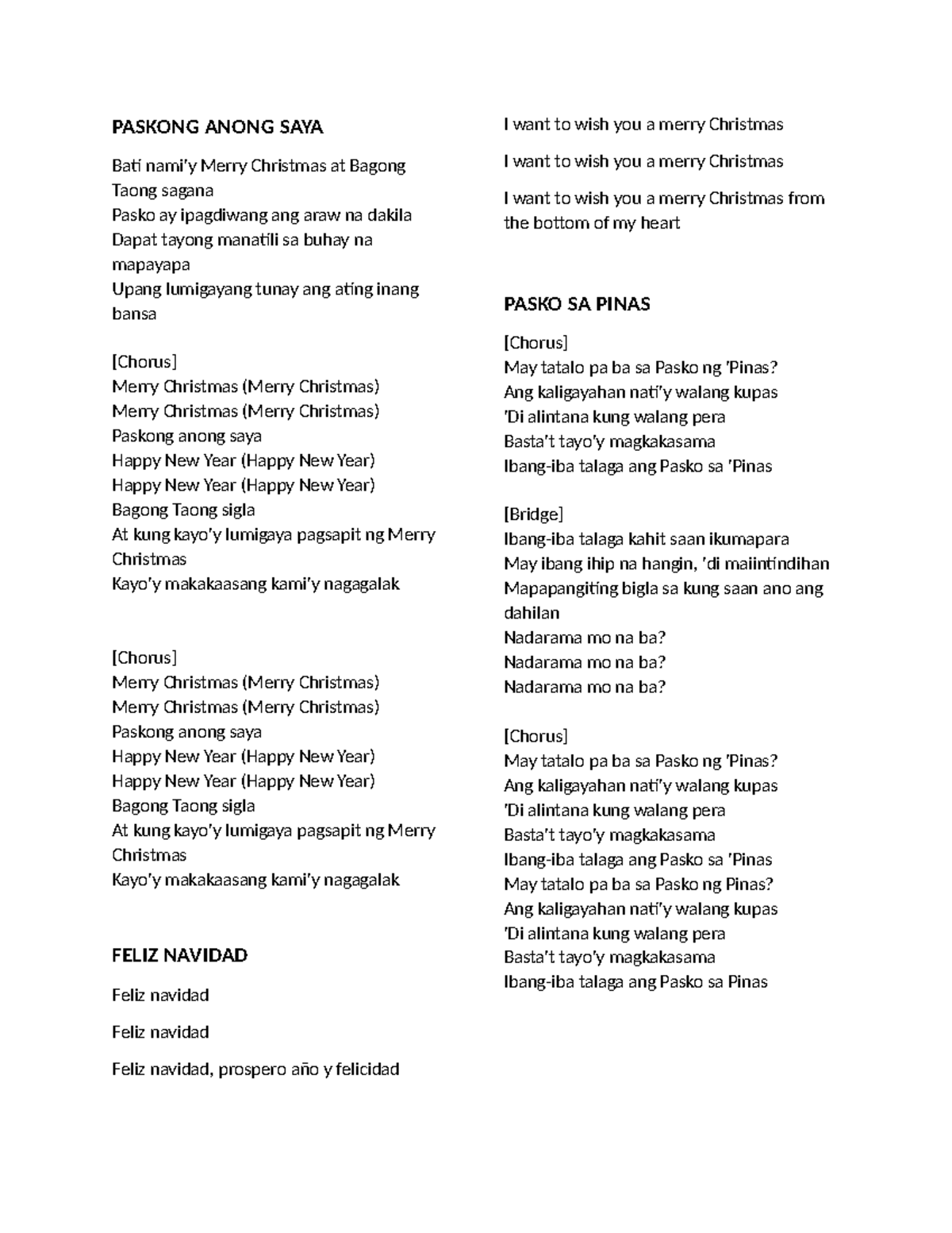 SHOW- Choir- Lyrics - PASKONG ANONG SAYA Bati nami'y Merry Christmas at ...