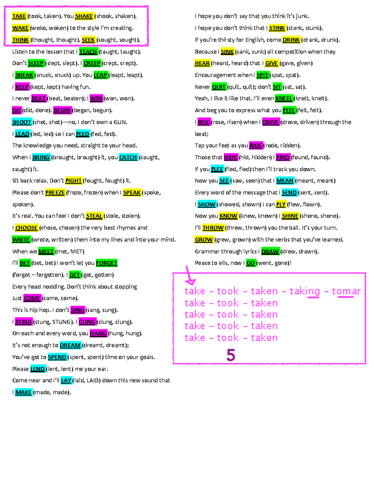Irregular verbs Rap song list - sung - 2 - TAKE (took, taken). You ...