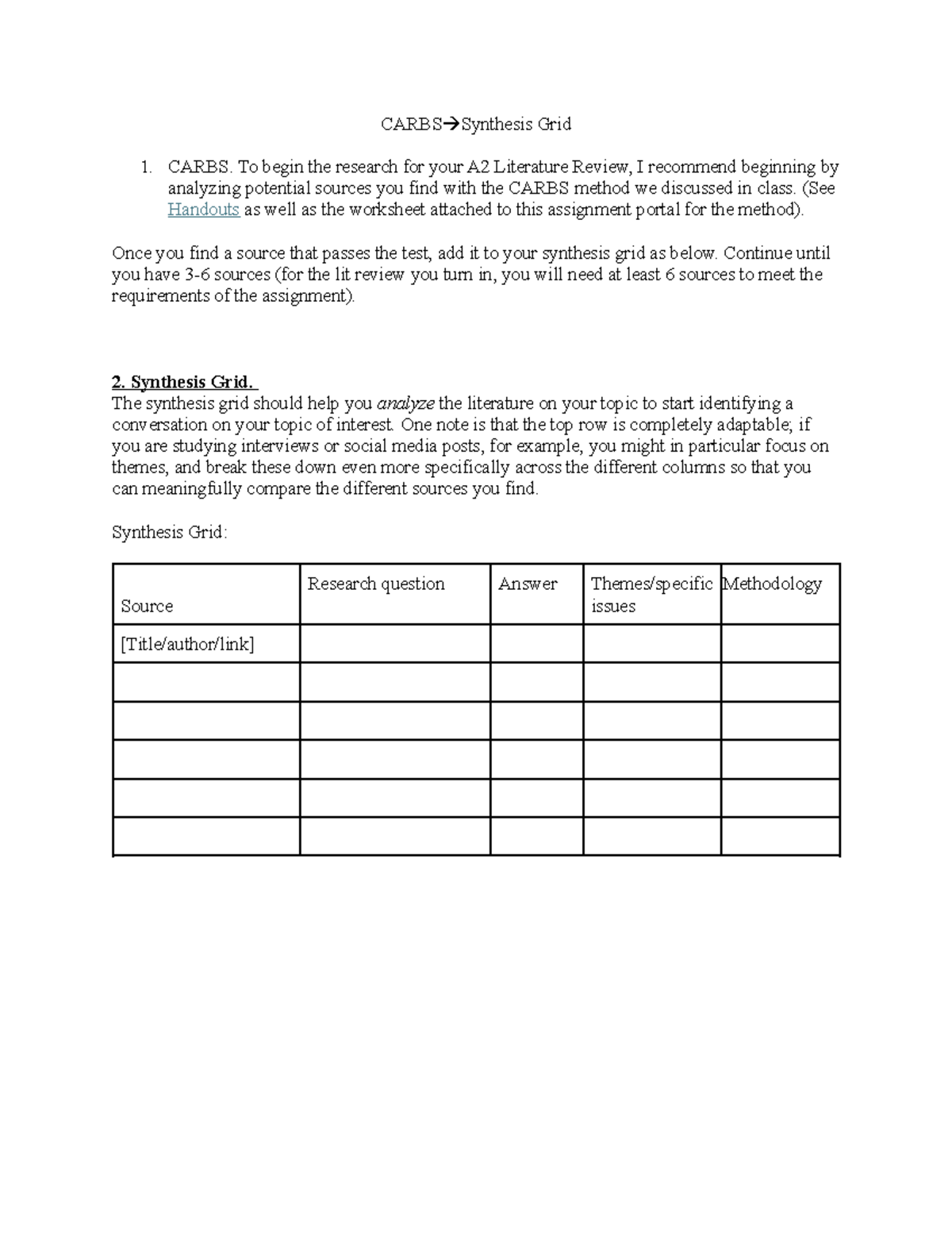 Carbs to Synthesis Grid S24 - CARBS Synthesis Grid CARBS. To begin the ...